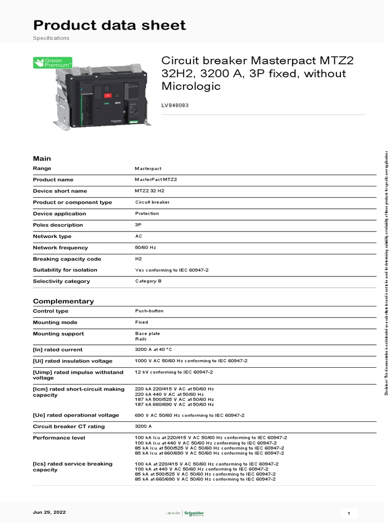 Product Data Sheet: Circuit Breaker Masterpact MTZ2 32H2, 3200 A, 3P ...