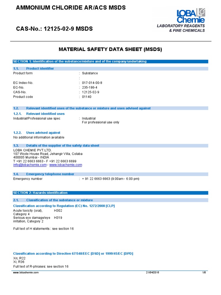 Material Safety Data Sheet (MSDS) : SECTION 1: Identification of The ...
