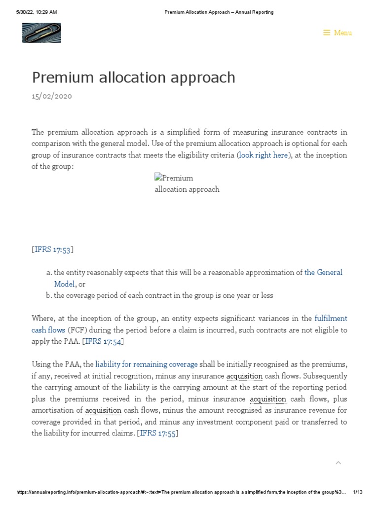 Premium Allocation Approach - Annual Reporting | PDF | Insurance ...
