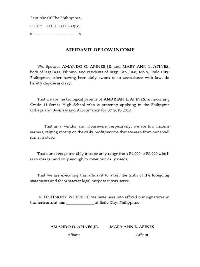 Affidavit of No Income | PDF | Affidavit | Civil Law (Common Law)