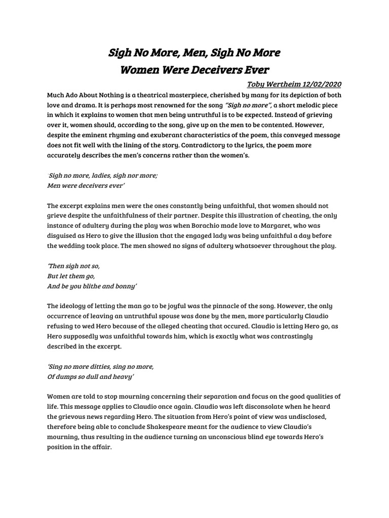 Sigh No More, Men, Sigh No More Women Were Deceivers Ever | PDF | Much ...