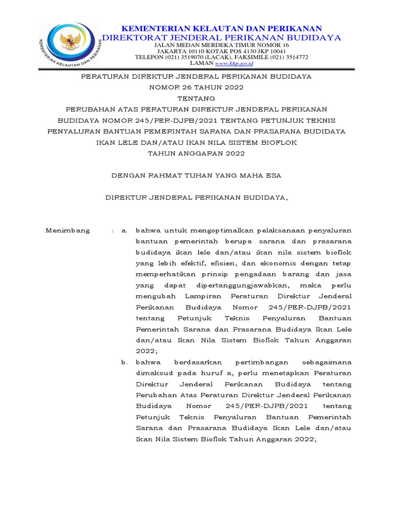 Perdirjen No 26 TTG Perubahan Atas 245 BP Bioflok TA 2022.gbr - Otentifikasi | PDF