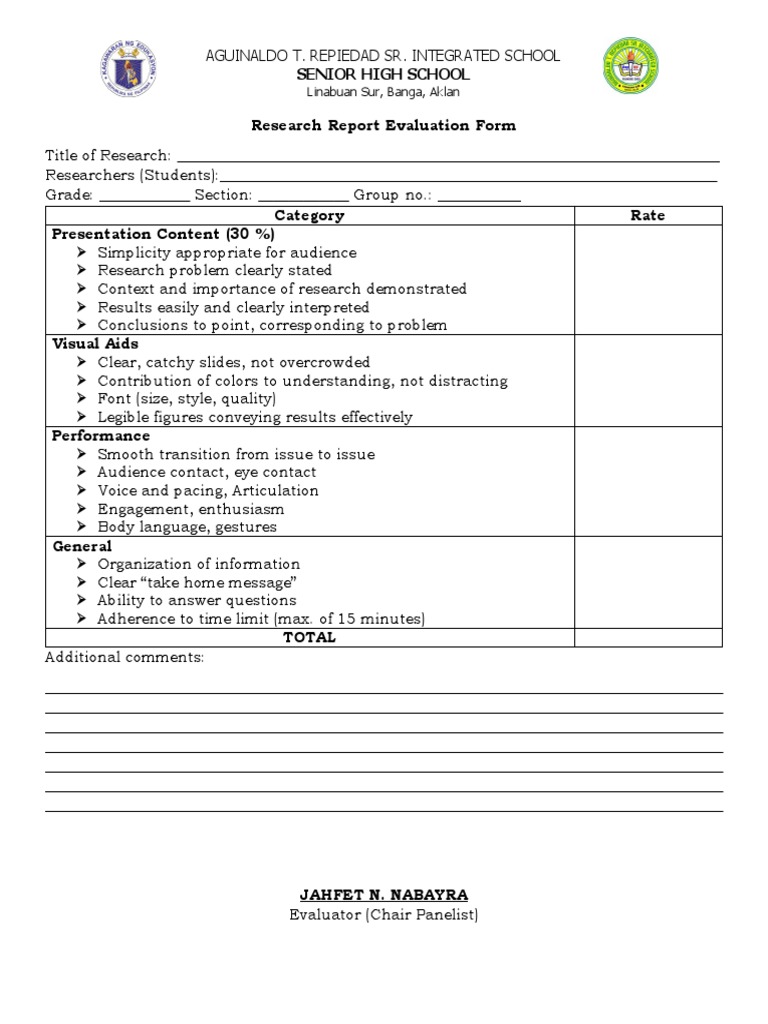 Senior High School Research Report Evaluation Form: Linabuan Sur, Banga ...