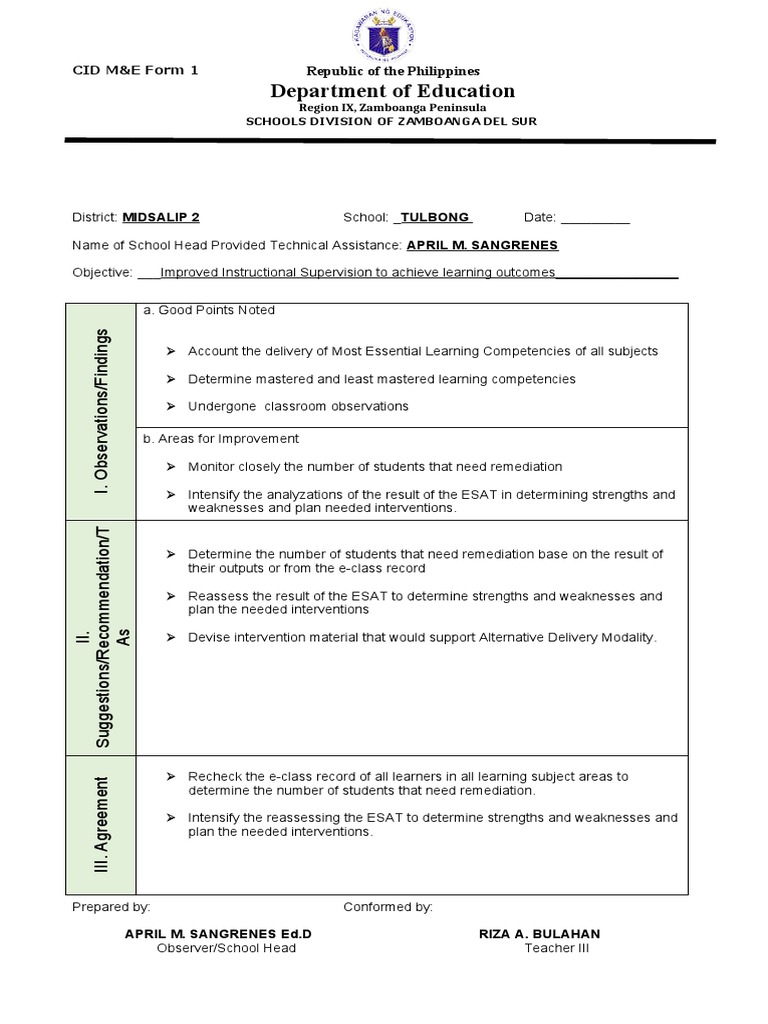 AJIAS CID Form 1 Version 2 Monthly Instructional Supervision and School ...