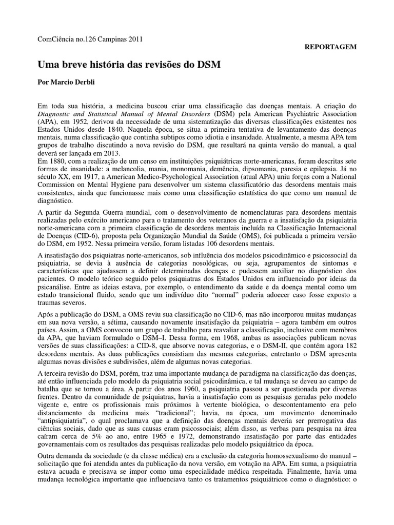 Uma Breve História Das Revisões Do DSM | PDF | Manual Diagnóstico e ...