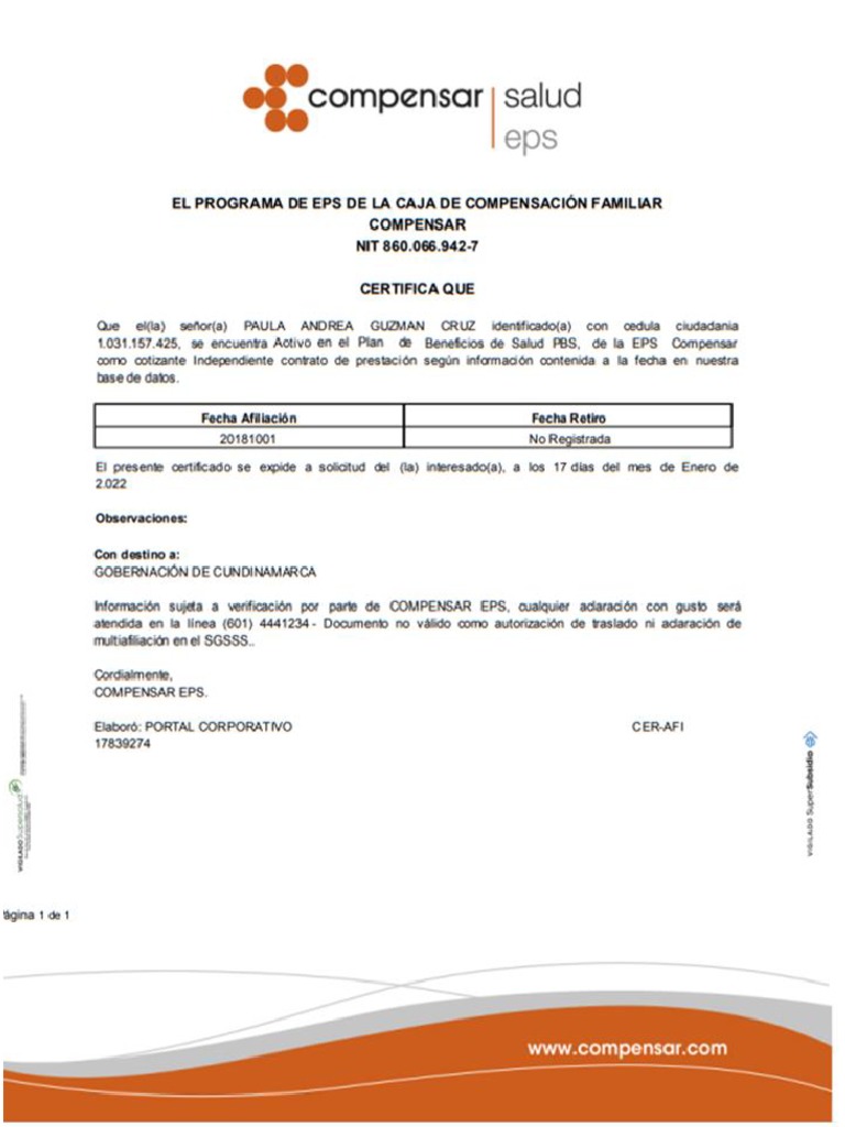 Certificado SALUD Compensar | PDF