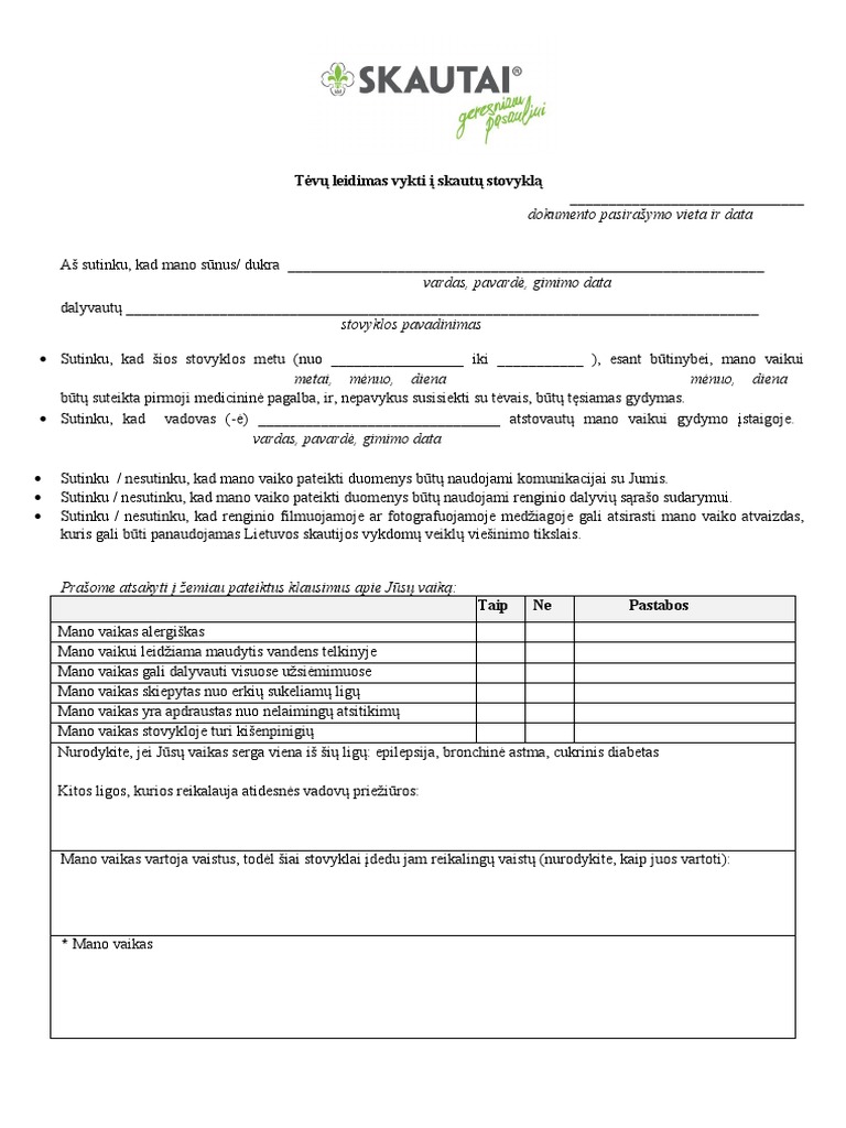 Tevu Leidimas Vykti I Stovykla 2020 | PDF