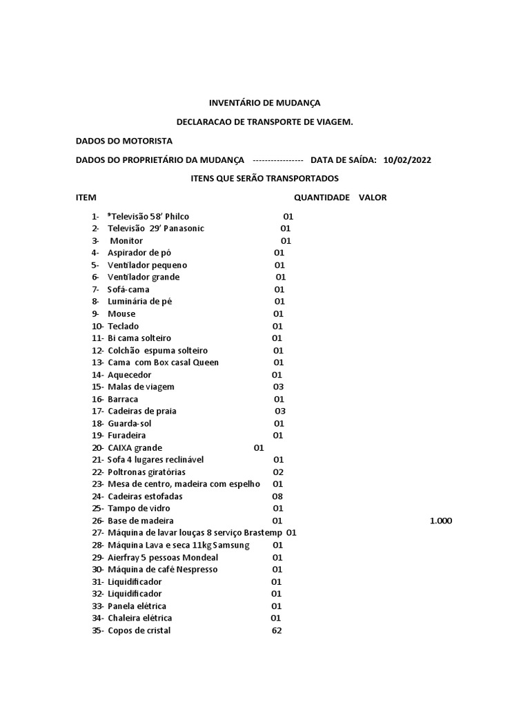 Inventário de Mudança - Exemplar 1 | PDF