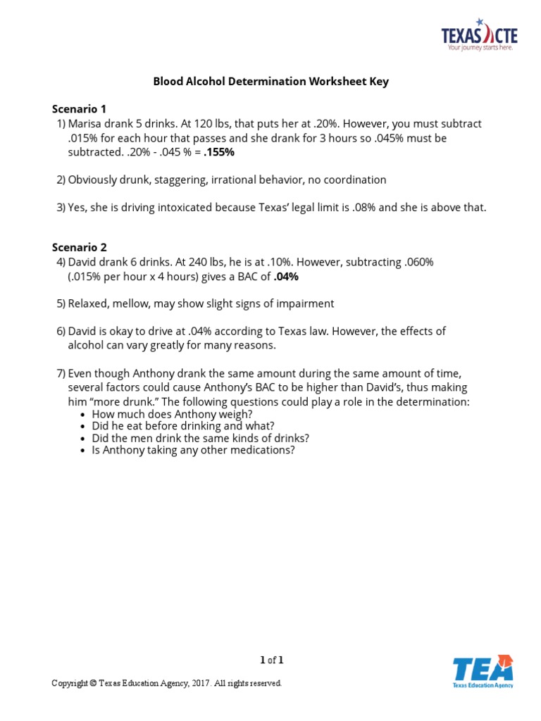 Blood Alcohol Determination Worksheet Key - 0 | PDF
