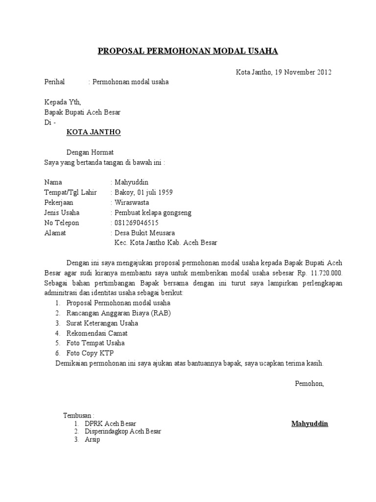 Proposal Permohonan Modal Usaha Kelapa Gongseng | PDF