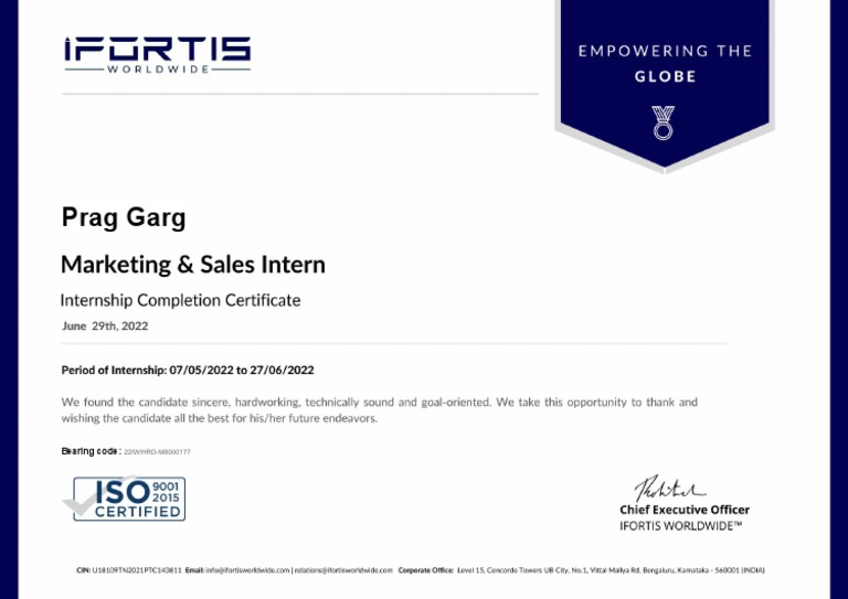 IFortis Worldwide Internship Completion Certificate | PDF