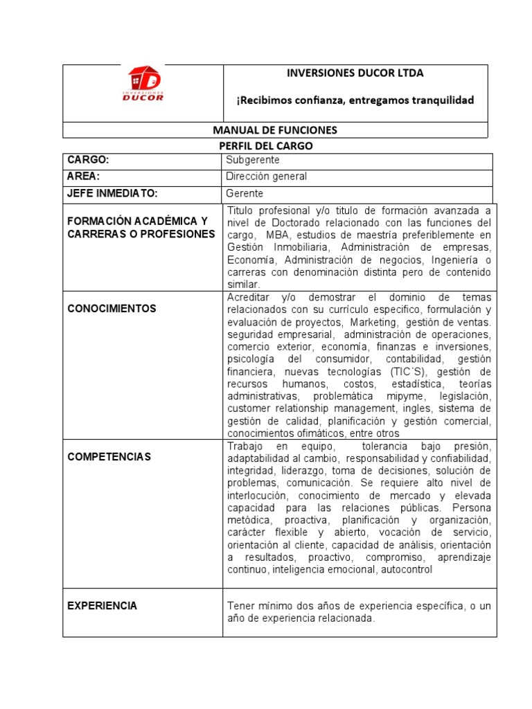 Manual de Funciones Subgerente | PDF | Business | Planificación