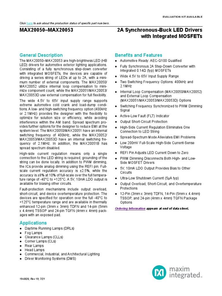 Max20050-Max20053 2A Synchronous-Buck Led Drivers With Integrated ...