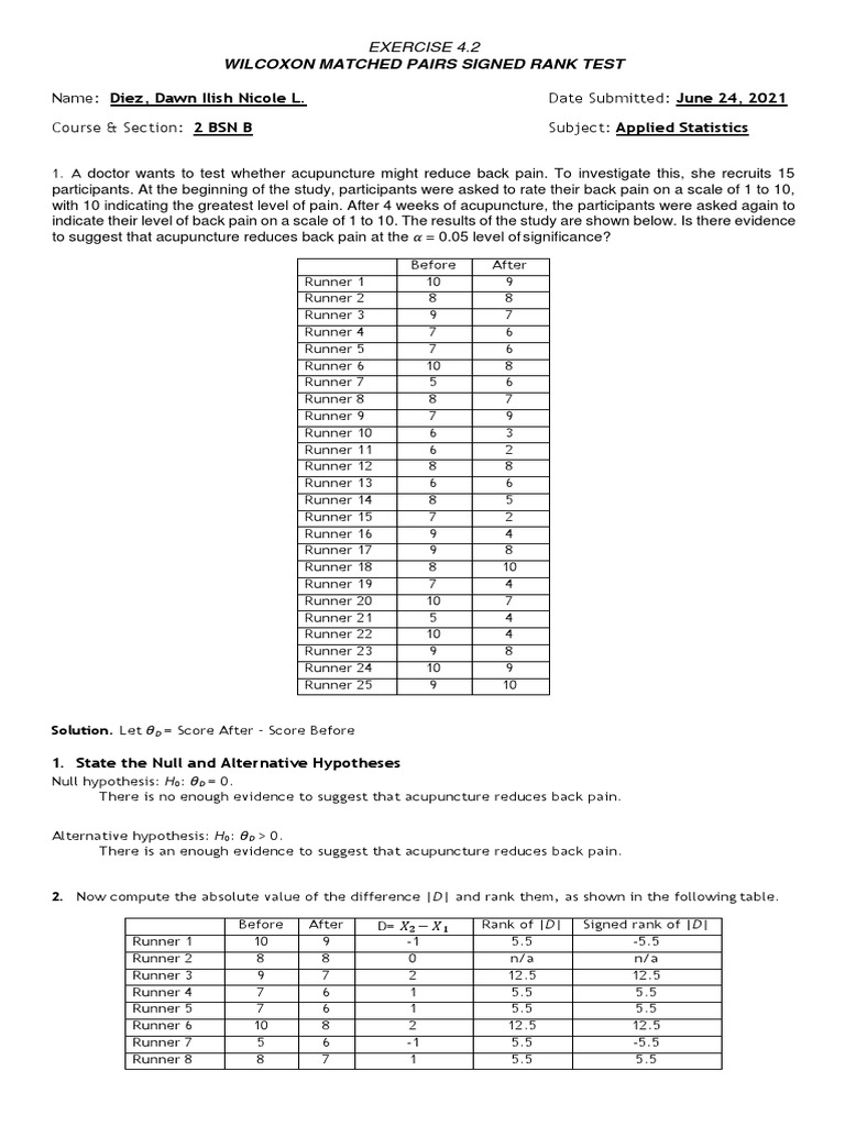 Wilcoxon Matched Pairs Signed Rank Test | PDF | Statistical Theory ...