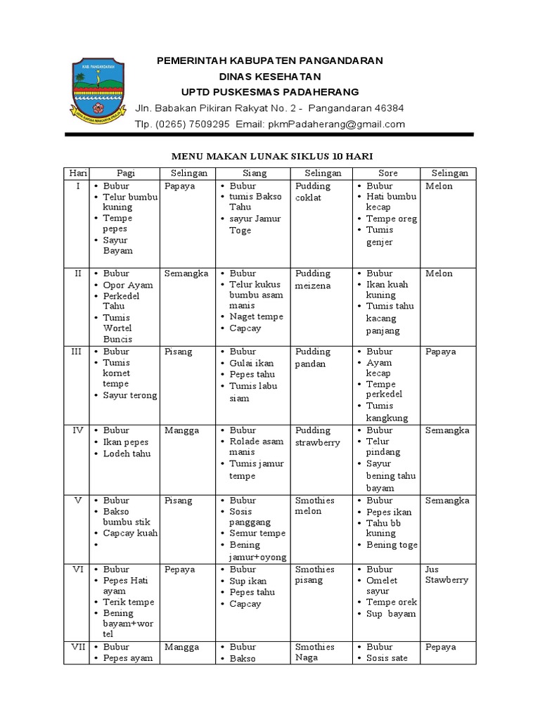 Siklus Menu 10 Hari untuk Rumah Sakit | PDF