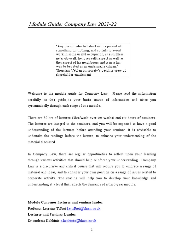 Company Law Module Guide 2021-22 | PDF | Corporate Law | Partnership