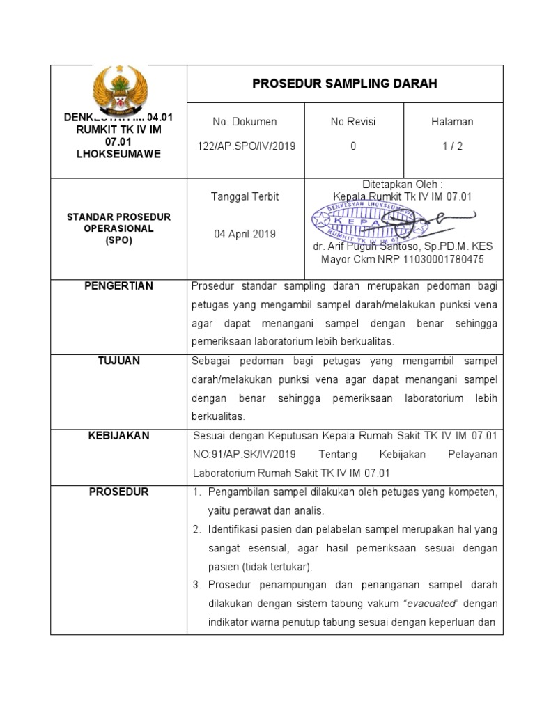 Spo Sampling Darah | PDF