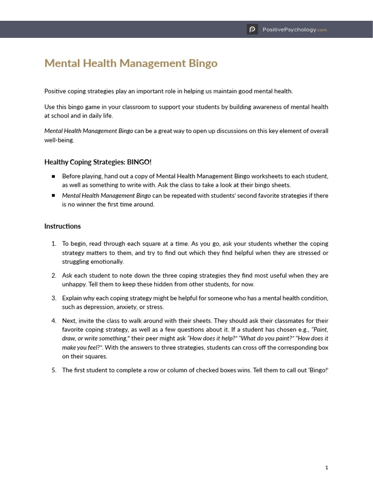 Mental Health Management Bingo: Healthy Coping Strategies: BINGO! | PDF ...