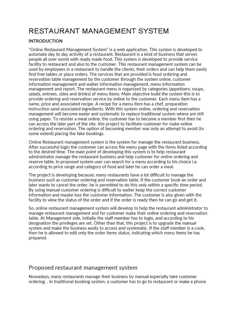 Proposed Restaurant Management System | PDF | Menu | Restaurants