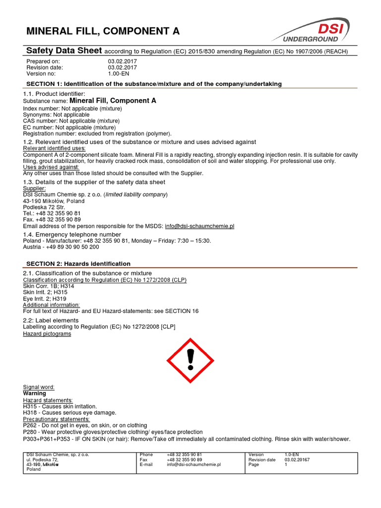 MSDS - Mineral Fill Comp A - 030217 - EN | PDF | Dangerous Goods | Toxicity