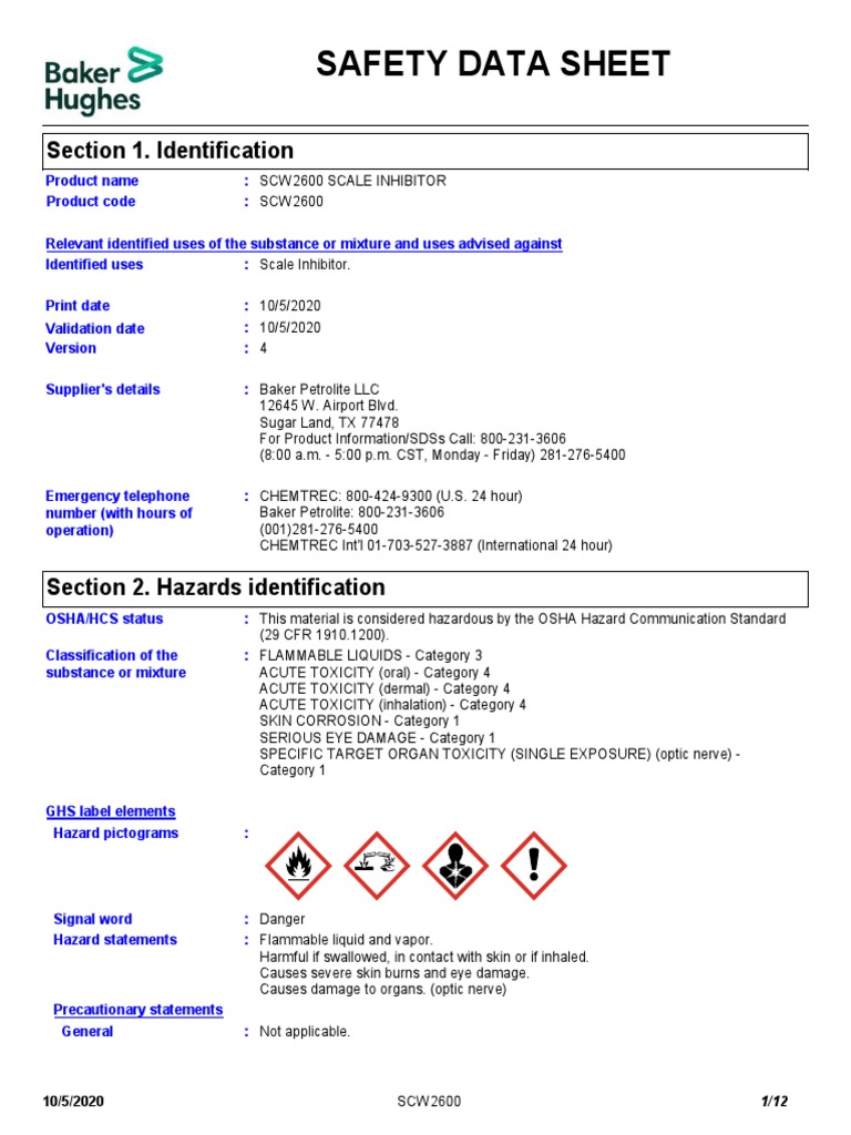 Safety Data Sheet: Section 1. Identification | PDF | Toxicity | Firefighting