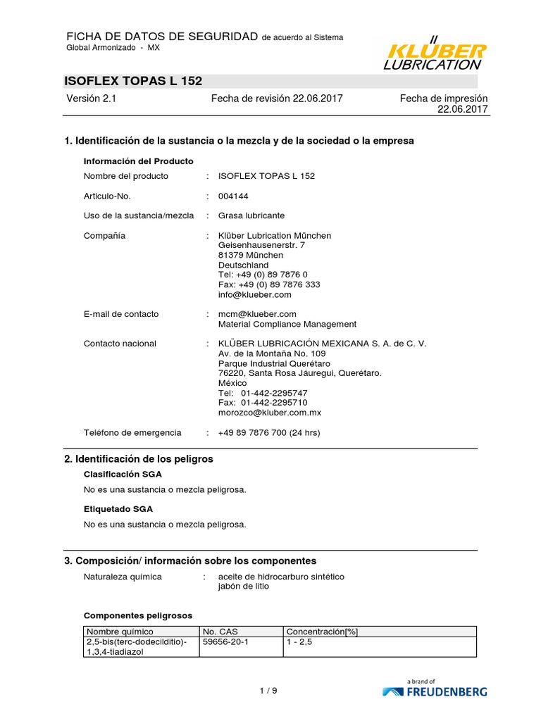 Isoflex Topas L 152 | PDF | Toxicidad | Información