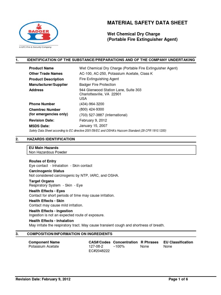 Safety Data Sheet for Wet Chemical Dry Charge Fire Extinguisher Agent ...