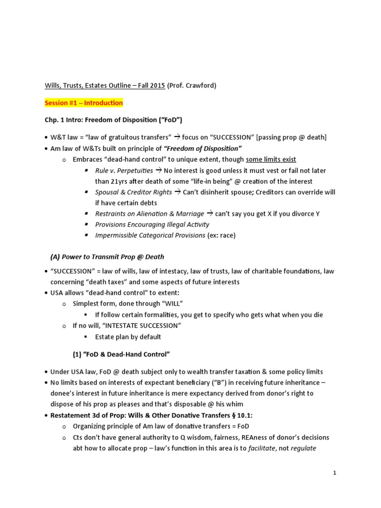 Wills Trusts Estates Outline | PDF | Intestacy | Probate