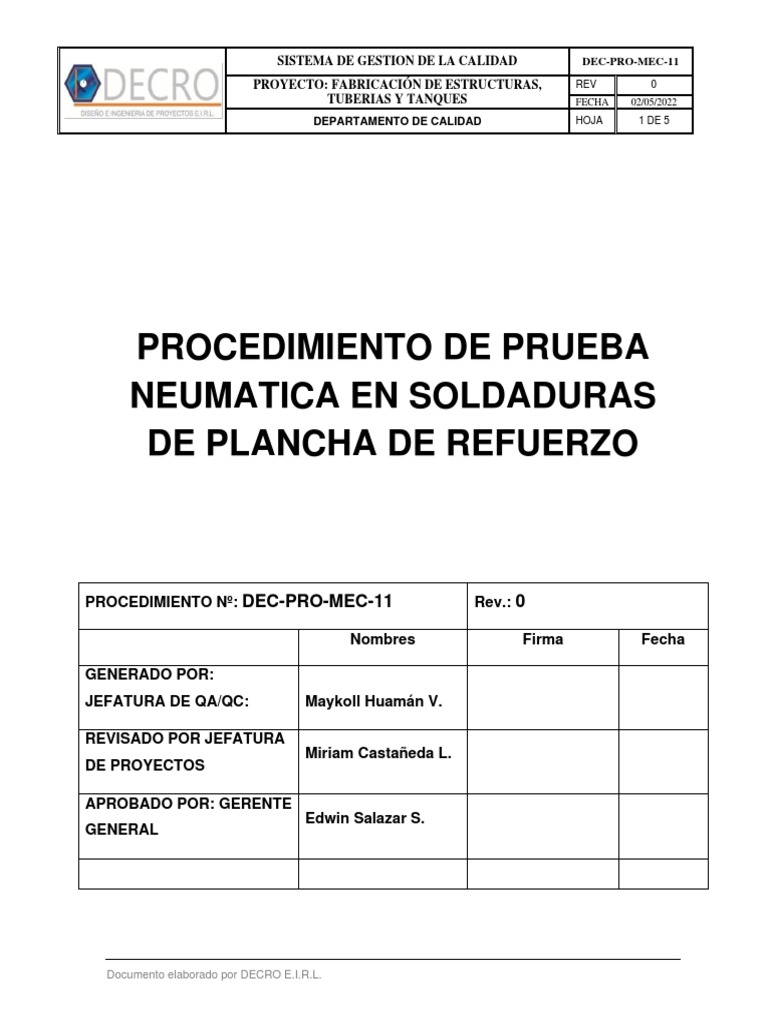 Procedimiento de Prueba Neumática en Soldaduras | PDF | Presión ...