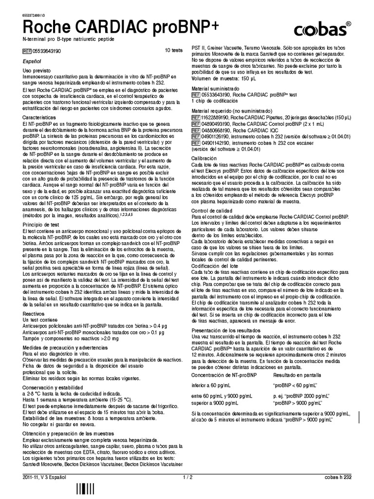 Roche Cardiac proBNP 10 Tests Cobas Es | PDF | Calibración | Medicina ...
