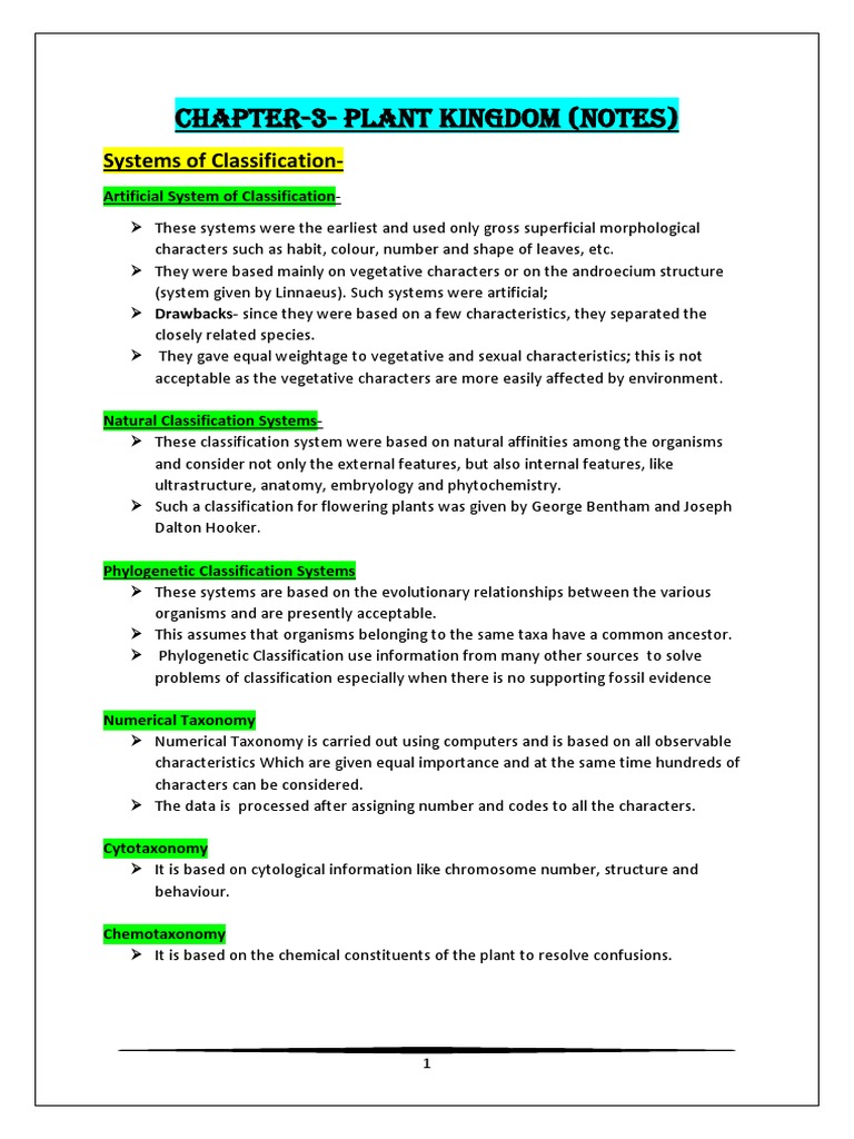 Chapter-3-Plant Kingdom (Notes) : Systems of Classification | PDF ...