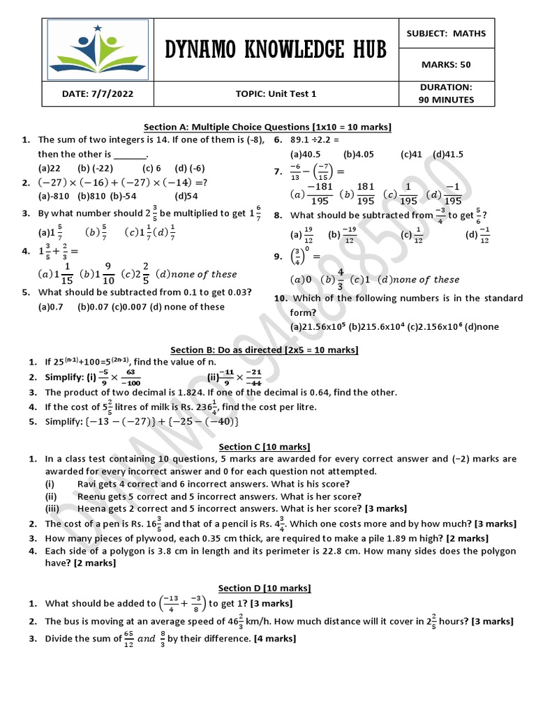 Ut-1 Maths Test Paper | PDF | Elementary Mathematics | Arithmetic