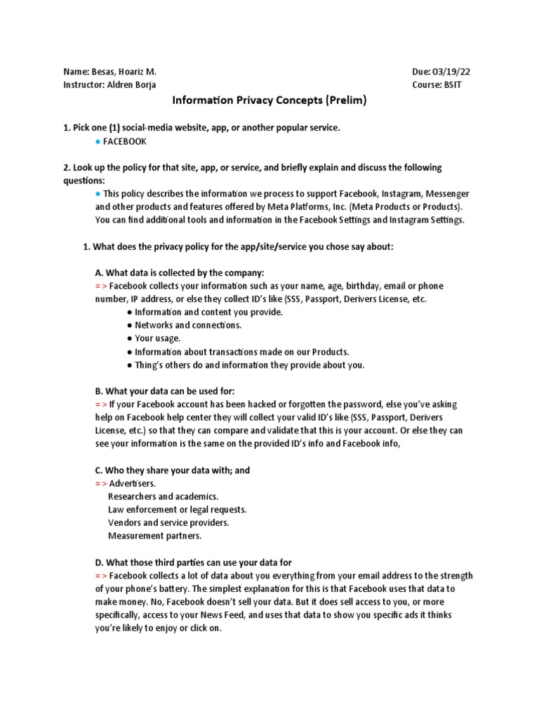 02 Task Performance 1 Prelim Exam ARG | PDF | Facebook | Privacy