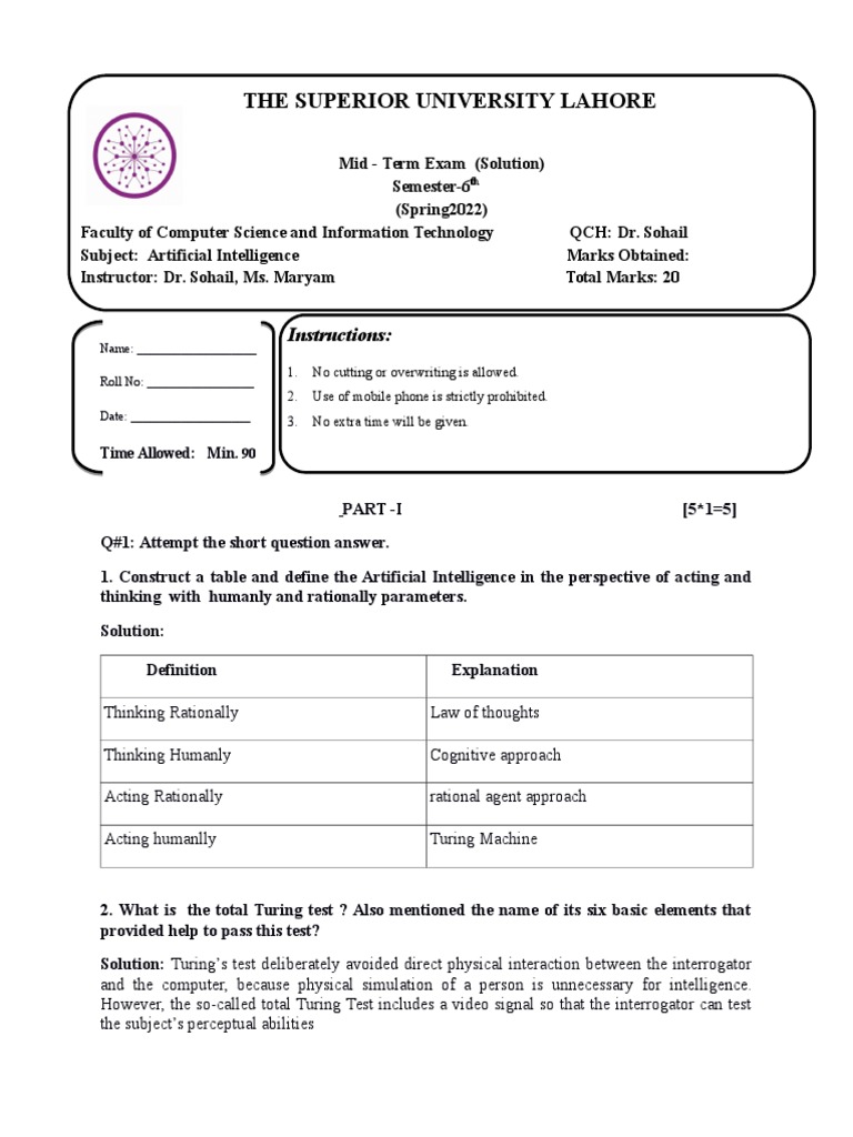 Mid Term Question Paper AI Soln v2 | PDF | Artificial Intelligence | Intelligence (AI) & Semantics