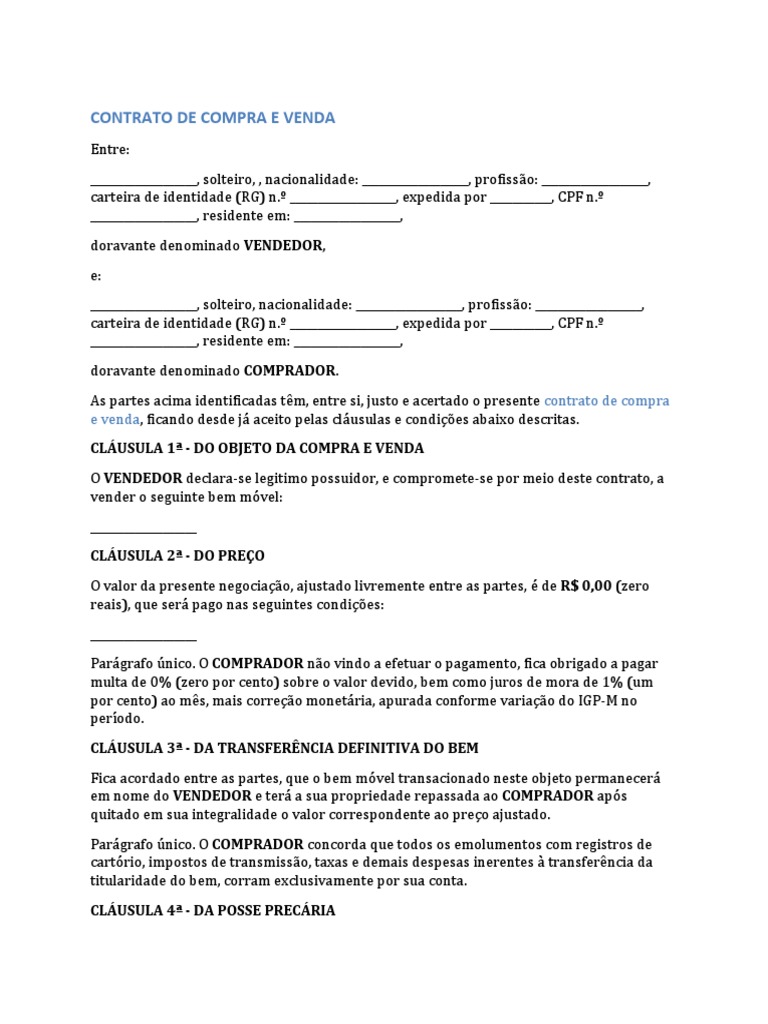 Modelo de Contrato de Compra e Venda Simples para Word para Preencher ...