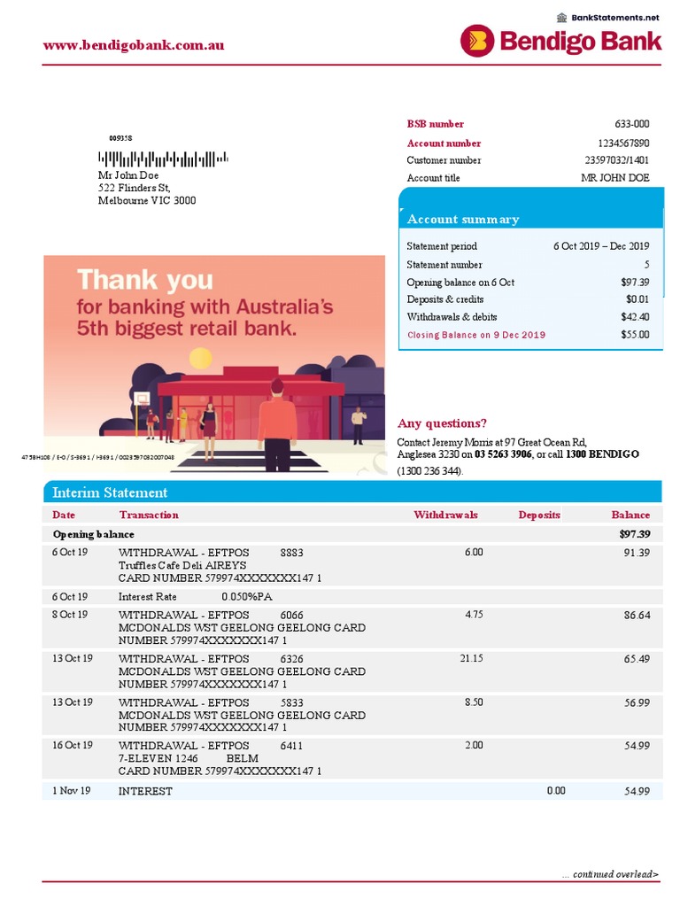 Bendigo Bank Statement | PDF | Money | Financial Services