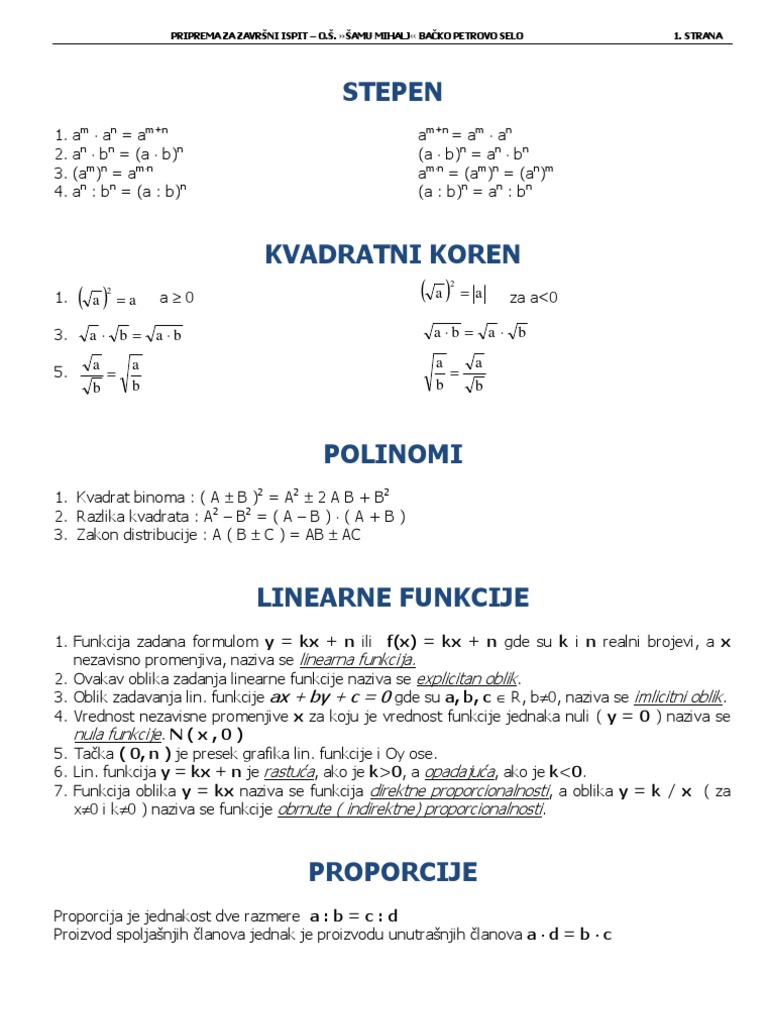Priprema Za Završni Ispit - Formule | PDF