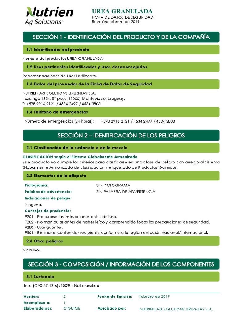 Hoja de datos de seguridad Urea | PDF | Agua | Combustión
