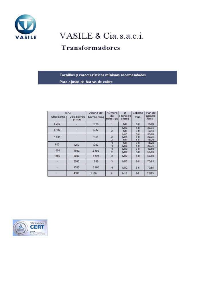 Tabla Torques Bulones para Barra de Cobre Recomendados | PDF