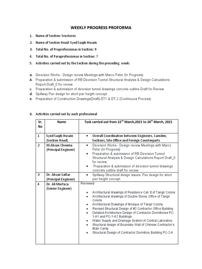 Weekly Progress Proforma | PDF | Engineering | Civil Engineering