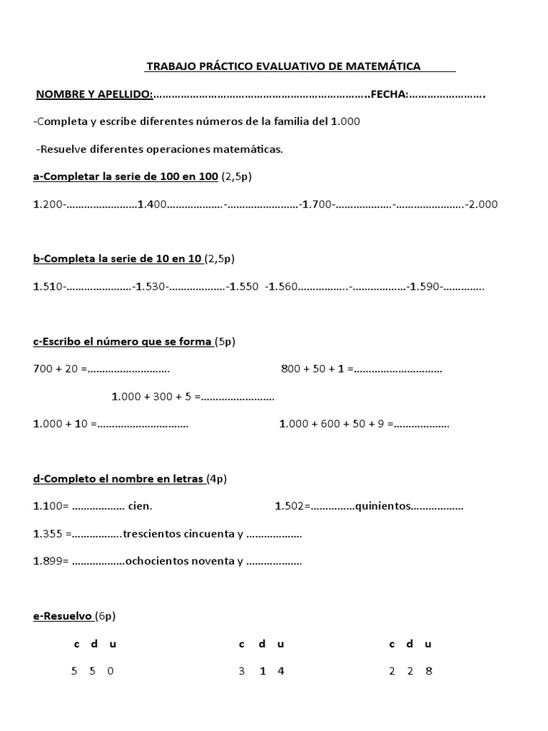 Evaluación de Matemática-Abril-Tercer Grado | PDF