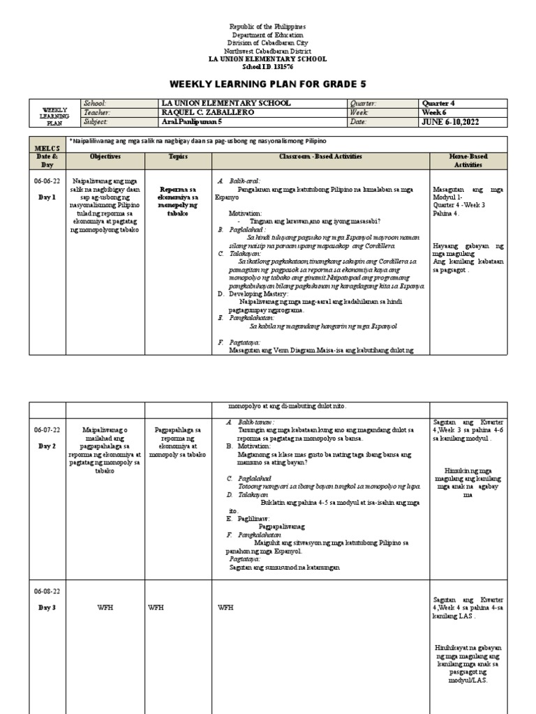 Aral Pan 5 Q4 - WLPWeek 5 | PDF