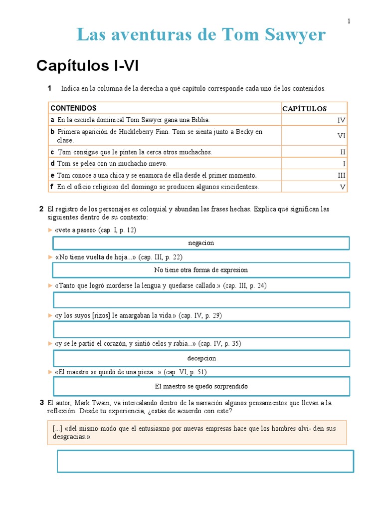 Ficha de Analisis de Las Aventuras de Tom Sawyer | PDF | Las aventuras de Tom Sawyer | Aventuras ...