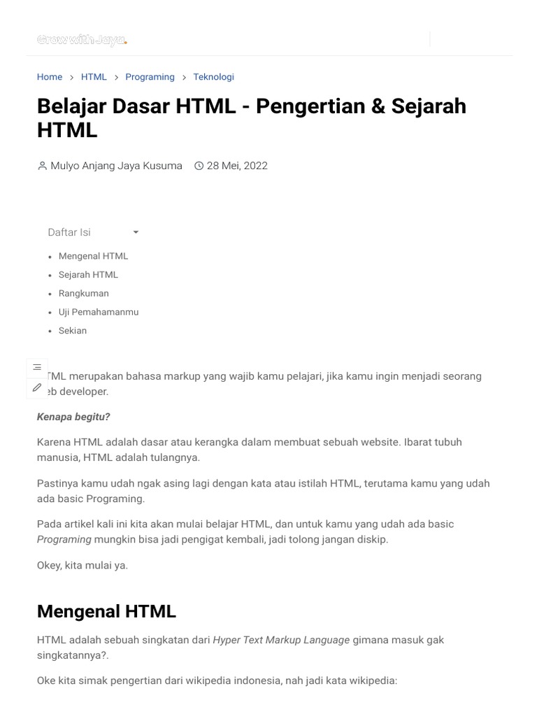 Belajar Dasar HTML - Pengertian & Sejarah HTML - Grow With Jaya | PDF