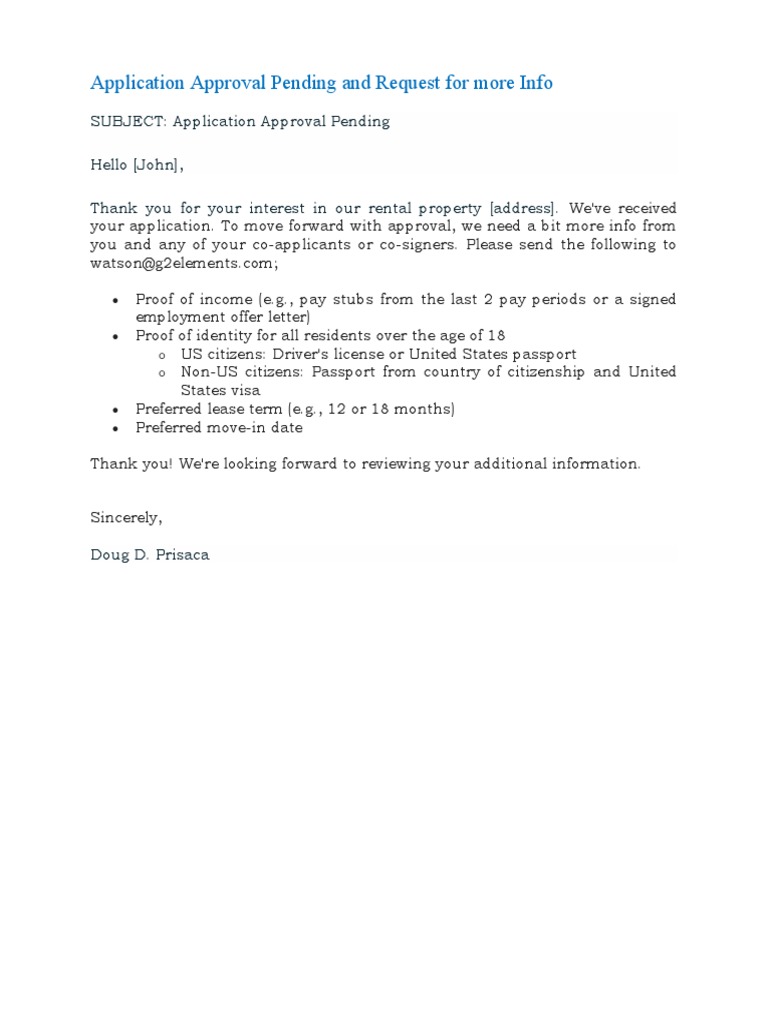 Application Approval Pending and Request For More Info | PDF