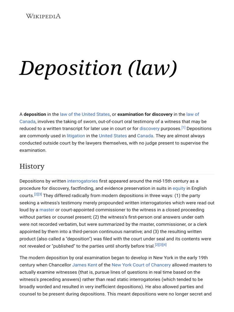Deposition (Law) - Wikipedia | PDF | Deposition (Law) | Discovery (Law)