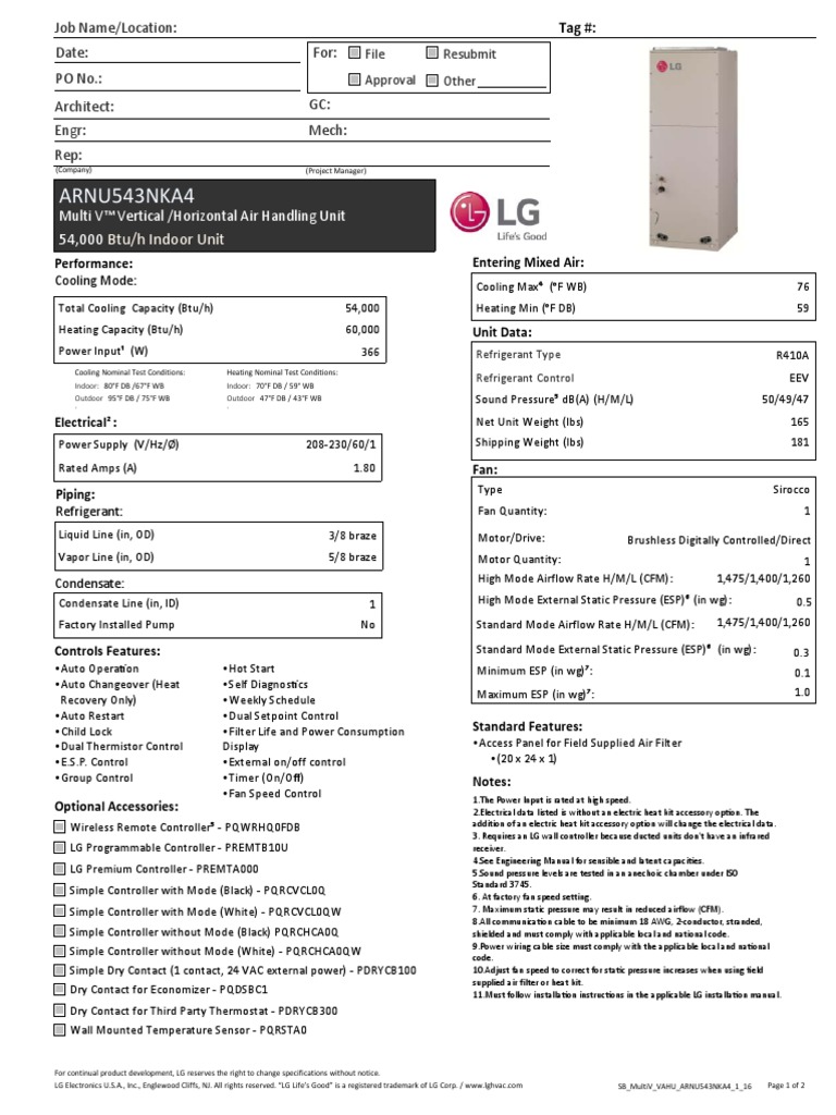 ARNU543NKA4: Btu/h Indoor Unit | PDF | Air Conditioning ...