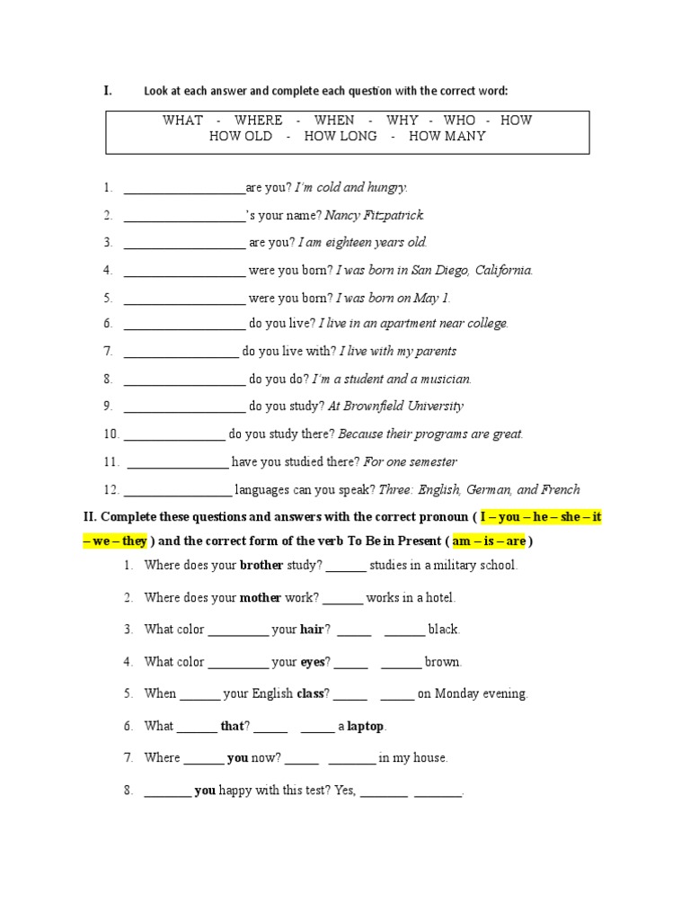 Look at Each Answer and Complete Each Question With The Correct Word ...