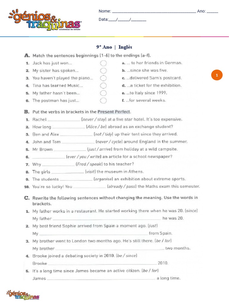 Ficha - Present Perfect - Com Soluções | PDF