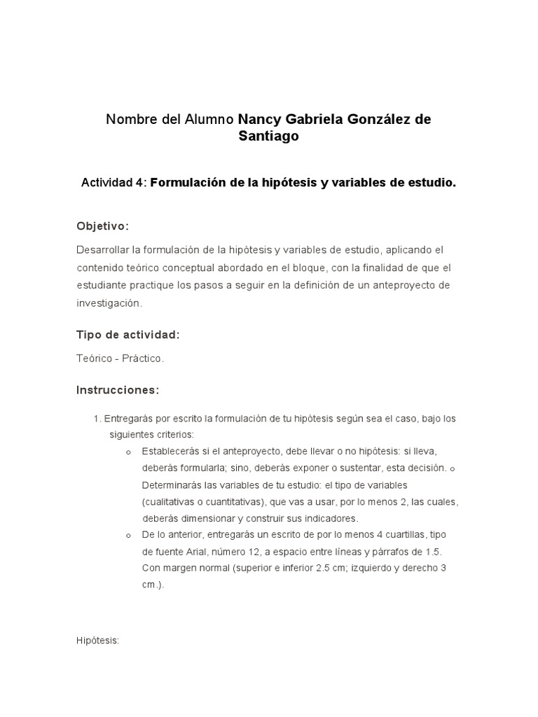 Actividad de Aprendizaje 4 Formulacion de La Hipotesis | PDF ...